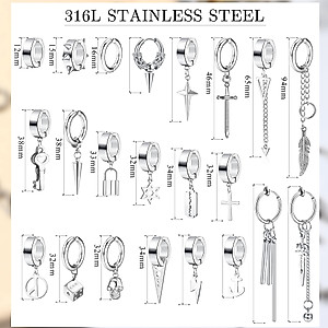 Thunaraz 25 Pcs Clip on Earrings for Men Stainless Steel Cross Chain Dangle Earrings Black Fake Earrings for Men Women Non Pierced Huggie Hoop Earrings Set