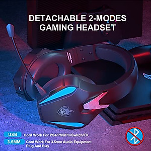 PHOINIKAS 2.4G Wireless Gaming Headset for PS4 PS5 PC Nintendo Switch, Wireless Over Ear Gamer Headphones with Detachable Mic, 3.5mm Wired Gaming Headset for Xbox One/Phone, 7.1 Stereo Sound - Blue