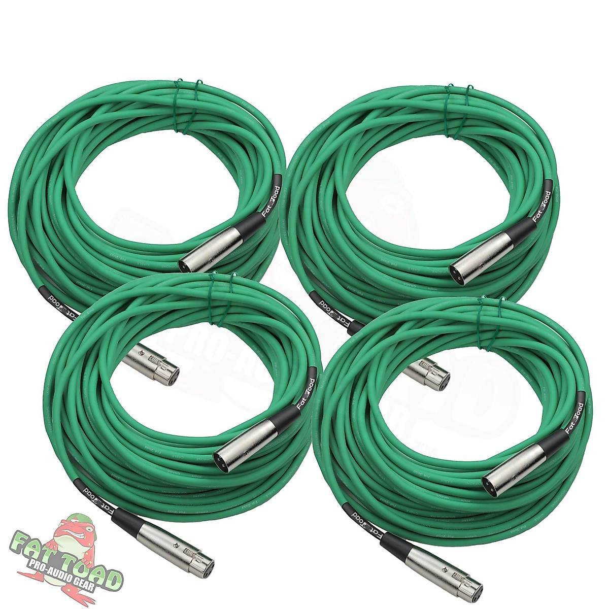 Fat Toad XLR Microphone Cables (4 Pack) 50ft Professional Pro Audio Green Mic Cord Extension Patch with Lo-Z Connector | 24 AWG Shielded Wire & Balanced for Music Recording Studio Mixer Gear