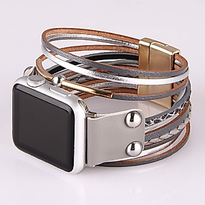 VIKOROS Multi-Layer Leather Wrap Bracelet Compatible with Apple Watch Ultra SE Series 8 7 6 5 4 3 40mm 38mm 41mm for Women Mens, Boho Stylish Cuff Bangle Watch Strap for Iwatch Bands , Silver Grey