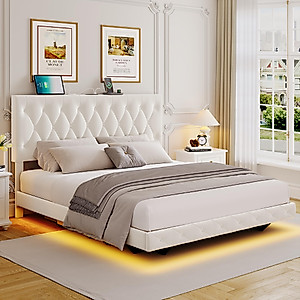 Full Size Lift Up Storage Bed Frame with Led Lights & Charging Station, Floating Bed Frame, Velvet Upholstered High Headboard Bed Frame, Hydraulic Storage/Innovative Stable Structure/Easy Assembly