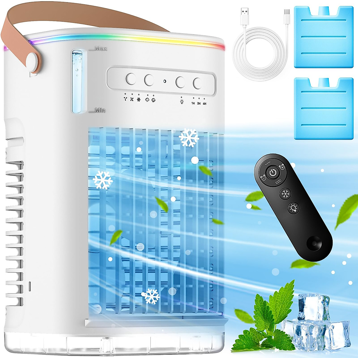 TEMEIKE 4-IN-1 Personal Air Conditioner w/Remote, 2 Ice Packs, 1200ML Tank, 7H Timer for Smart Auto-Off,2 Cool Mist,3-Speed Small Portable Air Conditioner, 7-LED Light Evaporative Air Cooler for Room