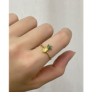 CZ Pineapple Thin Cute S925 Sterling Silver Gold Plated Engagement Open Tail Rings Dainty Adjustable Finger Promise Statement Band Small Fruit Colorful Ring Jewelry Gifts for Birthday Women Daughter Xmas