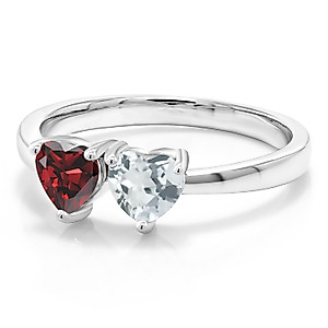 Gem Stone King 925 Sterling Silver Red Garnet and Sky Blue Aquamarine Ring For Women (1.02 Cttw, Heart Shape 5MM, Available in size 5, 6, 7, 8, 9)