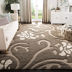 SAFAVIEH Florida Shag Collection 8' Square Smoke / Beige SG464 Floral Non-Shedding Living Room Bedroom Dining Room Entryway Plush 1.2-inch Thick Area Rug