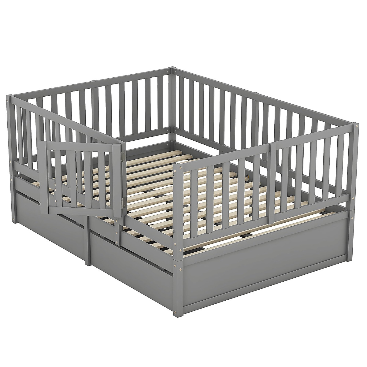 Harper & Bright Designs Kids Full Size Bed with Storage Drawers and Rails Fence, Wood Daybed Frame Montessori Bed for Girls Boys, Can Split into Independent Floor Bed & Daybed, Gray