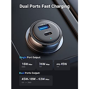 63W USB C Car Charger Adapter, UGREEN PSS 45W Super Fast Charging Type C Car Charger with 3.3FT 5A Cable, Dual USB Car Charger Compatible with Samsung Galaxy S23/S22/S21 Series, iPhone/iPad/MacBook
