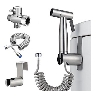 ELINKUME Handheld Bidet Sprayer for Toilet Kit,Stainless Steel Spray Attachment Set with 3 Way Valve,Hand Held Diaper Sprayer Head for Personal Hygiene Pet Bathing with Retractable Spring Hose