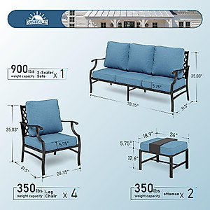 SUNSHINE VALLEY 7 Piece Metal Outdoor Patio Furniture Set, Patio Conversation Sets 1 3-seater Sofa, 4 Fixed Chair, 2 Ottomans with 5.75" Thick Cushion, Black All-weather Frame Backyard Furniture, Navy