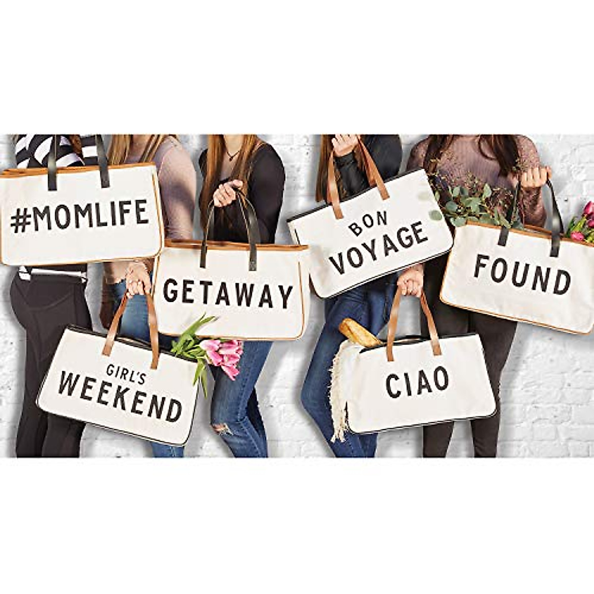 Santa Barbara Design Studio Tote Bag Hold Everything Collection Black and White 100% Cotton Canvas with Genuine Leather Handles, Large, Bon Voyage