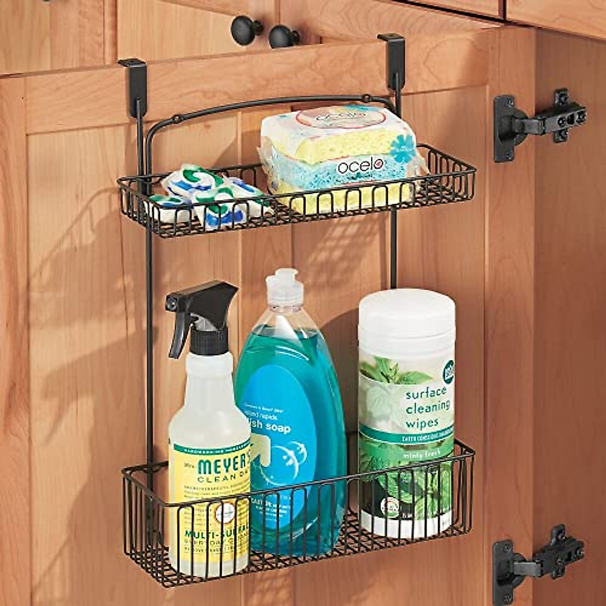 mDesign Steel Over Cabinet Kitchen Storage Organizer Holder or Basket - Hang Over Cabinet Doors in Kitchen, Pantry, Bathroom - Holds Dish Soap, Window Cleaner - Concerto Collection - Matte Black
