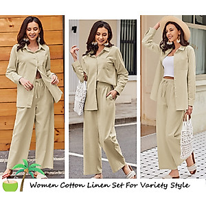 Zeagoo Women Linen Suit Two Piece Outfits Summer Beach Linen Shirt and Pants Set