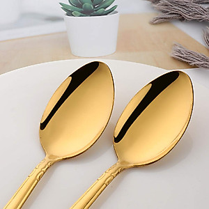 QIBOORUN 12-Piece Stainless Steel Dinner Spoons with Flower Edge, Stainless Steel Dinner Spoons Set, Table Spoon Dessert Spoons for Home, Kitchen or Restaurant - 7.3 Inches-Gold