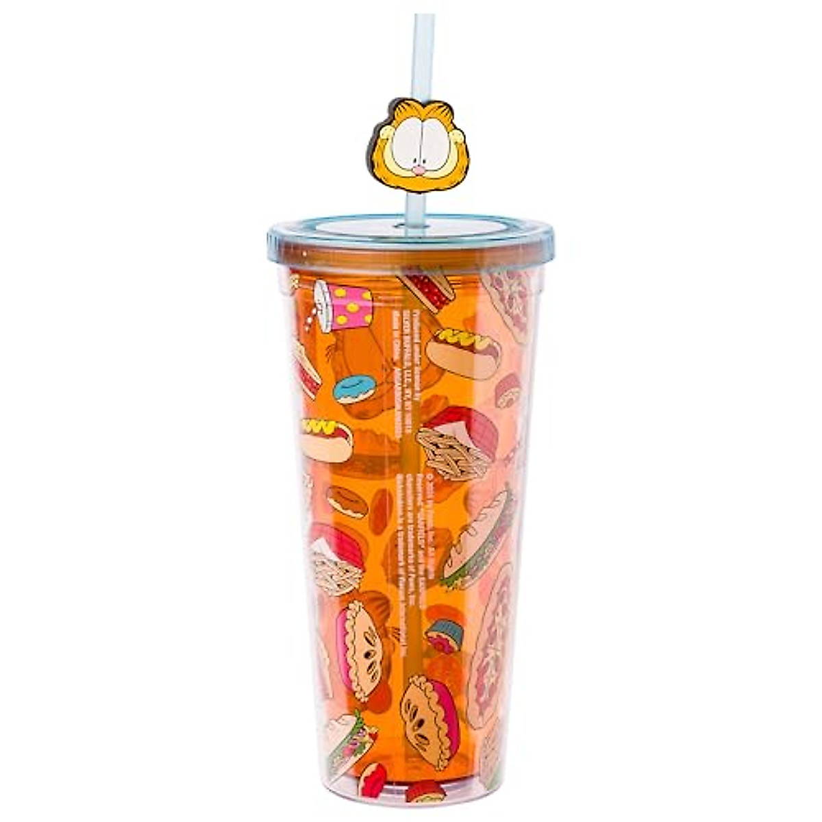 Silver Buffalo Garfield Junk Food Pattern Plastic Cold Cup with Lid and Straw Topper, 24 Ounces