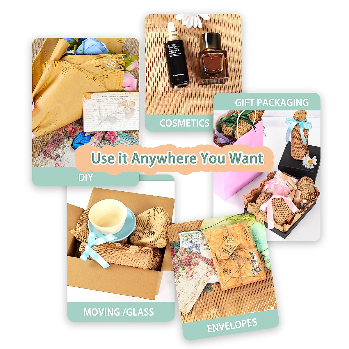 15”x400’Honeycomb Packing Paper,100% Recyclable Honeycomb Cushioning Wrap Roll for Safe Moving Shipping Packaging with 20 Fragile Stickers.