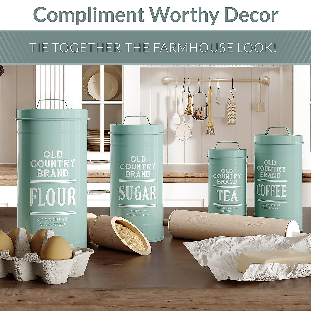 Barnyard Designs Canister Sets for Kitchen Counter, Farmhouse Canisters Sets for the Kitchen Countertop, Metal Canister with Lid, Coffee Tea Sugar Flour Container Set for Counter (Mint)