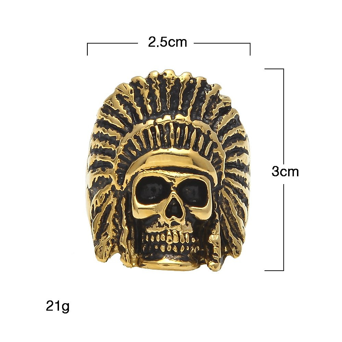 Moca Jewelry Cool Feather Dayak Indian Headdress Punk Skull 18K Gold Plated Hip Hop Stainless Steel Ring for Men Women