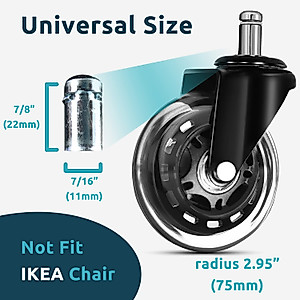 Office Chair Wheels (Set of 5), 3'' 100% No Scratches Caster Wheels, Heavy Duty & Safe Computer Gaming Chair Casters Quiet Rolling, Suitable for All Floors Including Hardwood Cappet