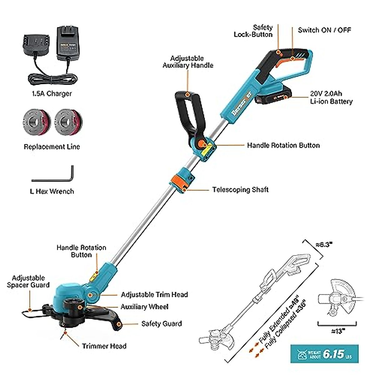 Berserker 20V 12" Cordless String Trimmer 2.0Ah Battery Powered and Fast Charger Included, 2-in-1 Compact Weed Wacker Eaters and Edger with Support Wheels，Ideal for Lawn Trim and Yard Maintenance