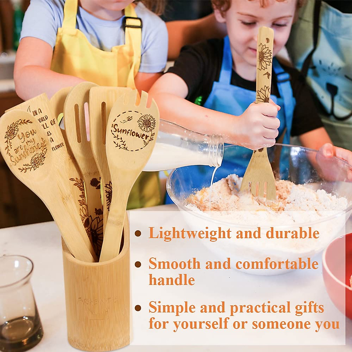 Wooden Spoons for Cooking, 6PCS Sunflower Burned Engraved Bamboo Spoons Set, Sunflower Kitchen Decor and Accessories, Sunflowes Cooking Utensil Gifts Ideas for Housewarming Wedding Birthday Shower