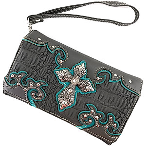 Justin West Concealed Carry Western Croc Cross Duo Color Shoulder Handbag Purse (Silver Handbag Wallet Set)