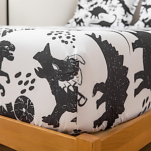 lishjekee Dinosaur Bed Sheets Twin Boys Dino Sheet Set Kids Jungle Bedding Set 3Pieces Black and White T-Rex Bed Sheet Set with 1 Pillowcase 1 Flat Sheet 1 Fitted Sheet