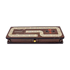 House of Cribbage - Continuous Cribbage Board/Box Inlaid in Wenge Wood/Maple : 4 Track - Cards & Pegs Storage Drawer with Score Marking Fields for Skunks, Corners and Won Games