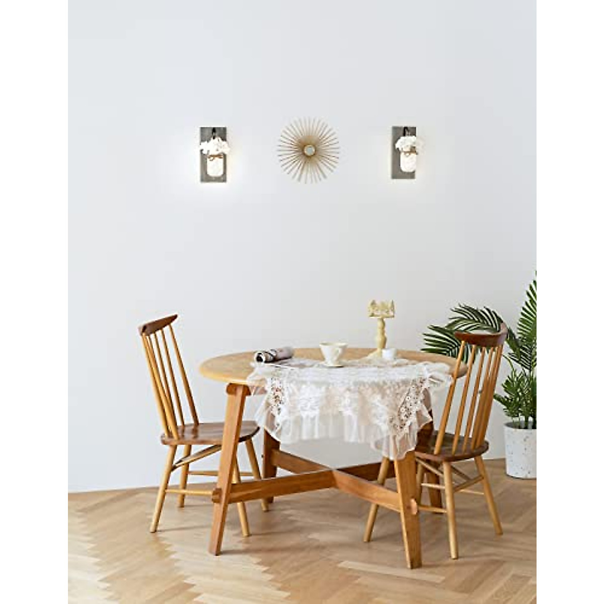 Mkono Mason Jar Wall Sconces Rustic Sconces Wall Decor Set of 2 Farmhouse Mason Jars Bathroom Decor Wood Boards with Fairy Lights and Flowers Fall Wall Decor for Home Kitchen Living Room, White