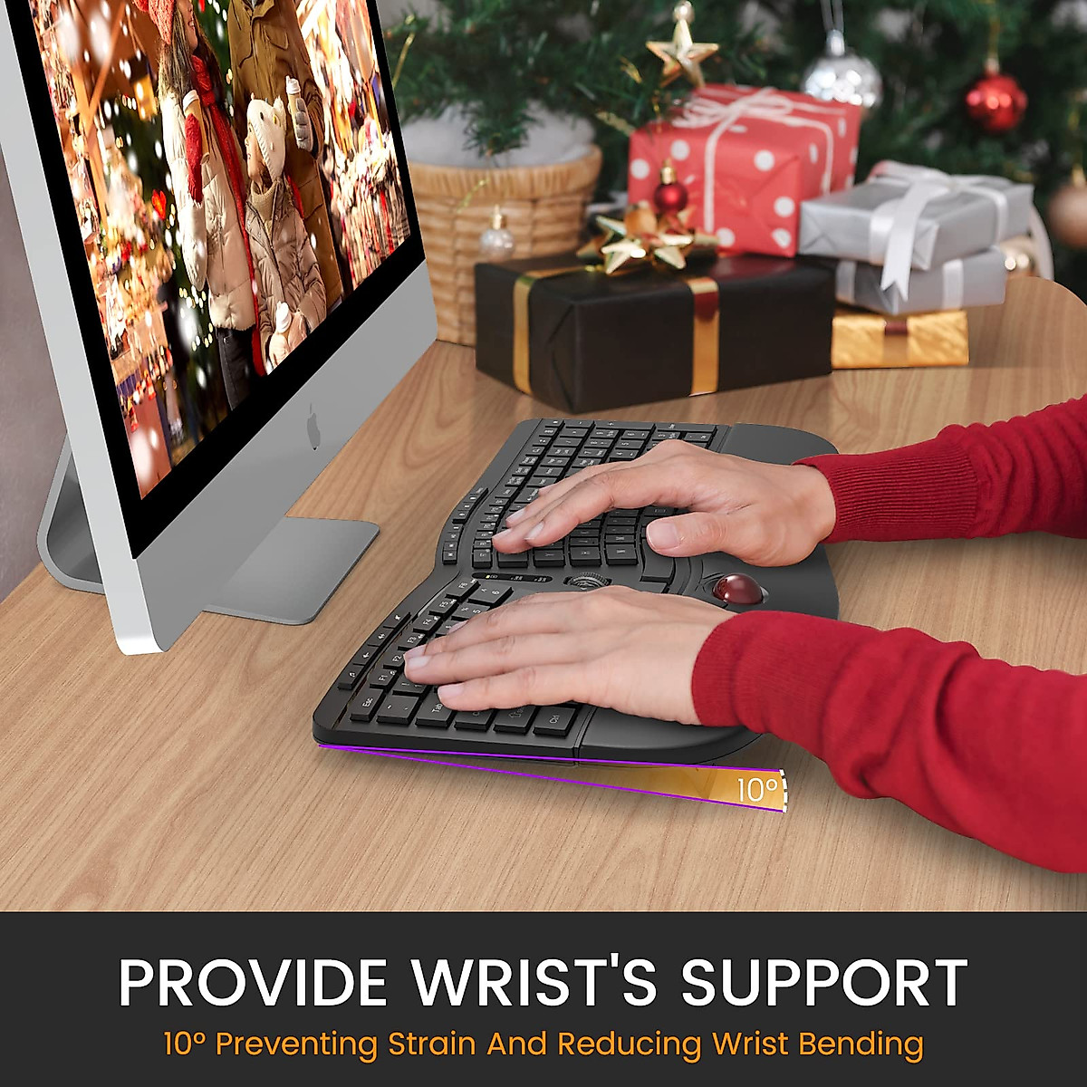 Ergonomic Keyboard, 2 in 1 Wireless Computer Keyboard and Trackball Mouse Combo Design with Wrist Rest, Split Keyboard, USB Keyboard for Windows/Mac/Laptop/Computer/PC-Black