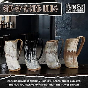 Norse Tradesman LG Viking Drinking Horn Mug - 100% Authentic Beer Horn Tankard With Hardwood Bottom & Ring Engravings | The Eternal, Low Polish, approx. 16 oz