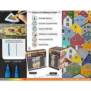 36 Acrylic Paint Pens Skin and Natural Earth Tone Marker Set For Rock Painting, Canvas, Mugs, Glass, Plastic, Wood, Metal, Fabric, Scrapbooking, Most Surfaces. Quick Drying Waterbased (EXTRA FINE)