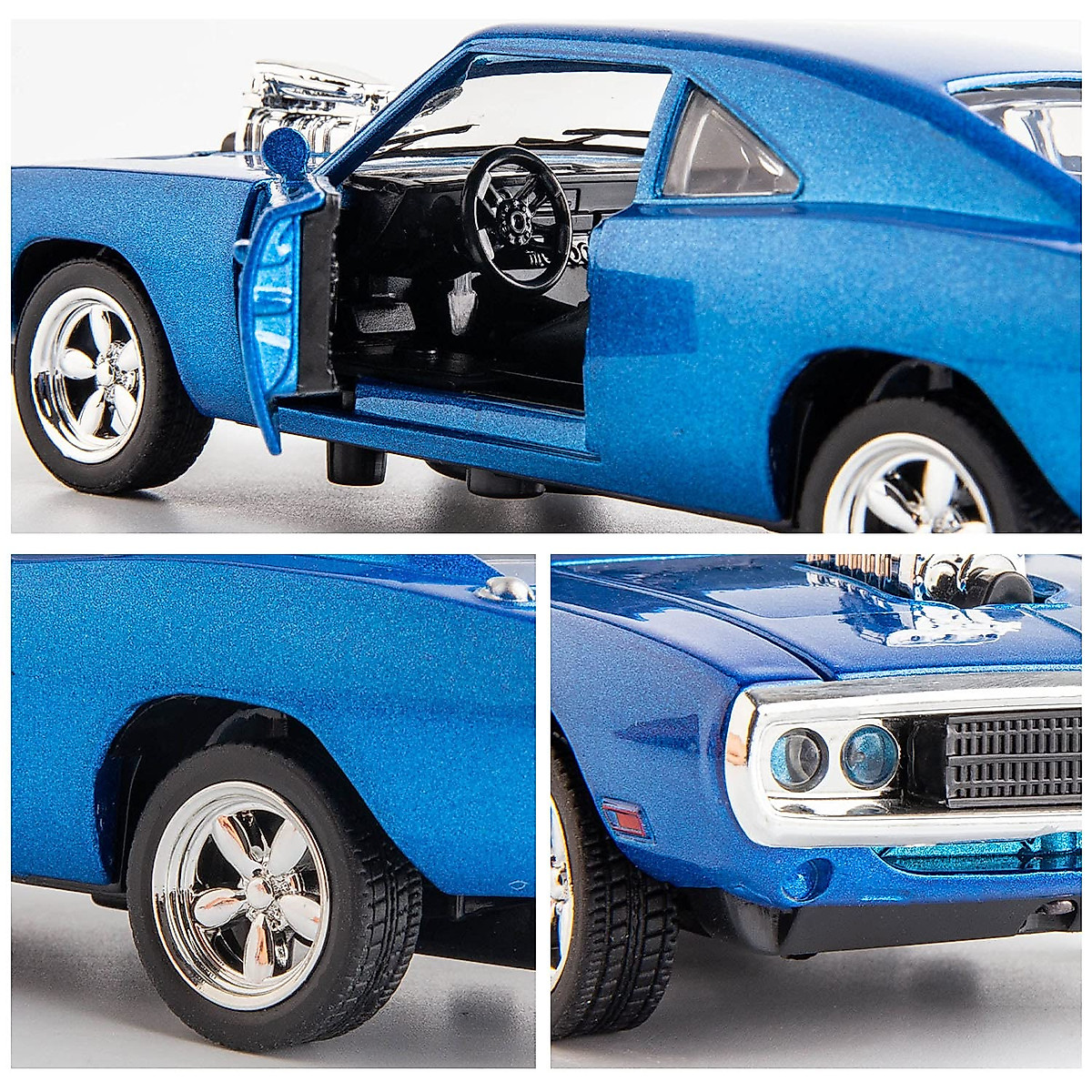 BDTCTK Compatible for 1:32 Dodge Charger Model Car, Zinc Alloy Pull Back Toy Car with Sound and Light for Kids Boy Girl Blue