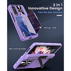 Viaotaily for Galaxy Z Fold 3 Case with Kickstand & Hinge Protection & Screen Protector, Built-in Credit Card Holder & Sliding Camera Lens Cover, Sturdy Wallet Phone Case for Samsung Z Fold 3, Purple