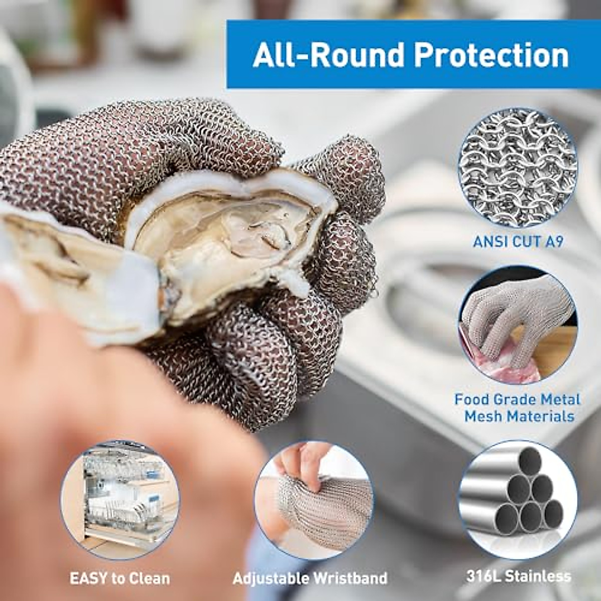 Caprihom Chainmail Glove Highest Level Cut Resistant Glove Food Grade Stainless Steel Metal Mesh Glove for Meat Cutting, Fishing, Oyster Shucking (L -1PCS)