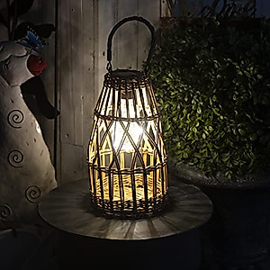 COLLECTIVE HOME - Outdoor Rattan Lantern, Solar Lantern with Handle, Summer Garden Decor, 15" Patio Waterproof Hanging Table Natural Lamp Lights, Wedding Home Decoration, Auto On/Off
