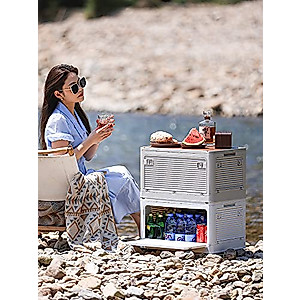 Radefasun Foldable Storage Bins with Wood Lids Plastic Collapsible Storage Box with Cutting Board Portable Stackable Grocery Container Folding Latching Storage Crate with Removable Pulley (S, White)