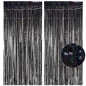 Black Tinsel Curtain Party Backdrop Glitter - GREATRIL Party Streamers Backdrop Foil Fringe Curtains for Birthday/Graduation/Halloween/Wizard Decorations - 1m x 2.5m - Pack of 2