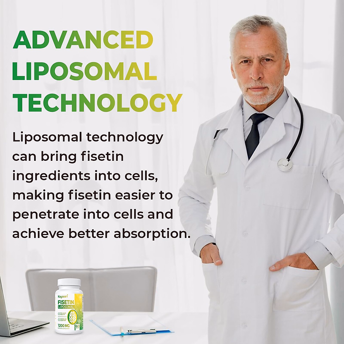 Kayseari Fisetin 1200mg Liposomal Fisetin Supplements 98% Pure Fisetin Polyphenols Antioxidants Immunity Health Aging Cognitive Support Non-GMO 120 Capsules
