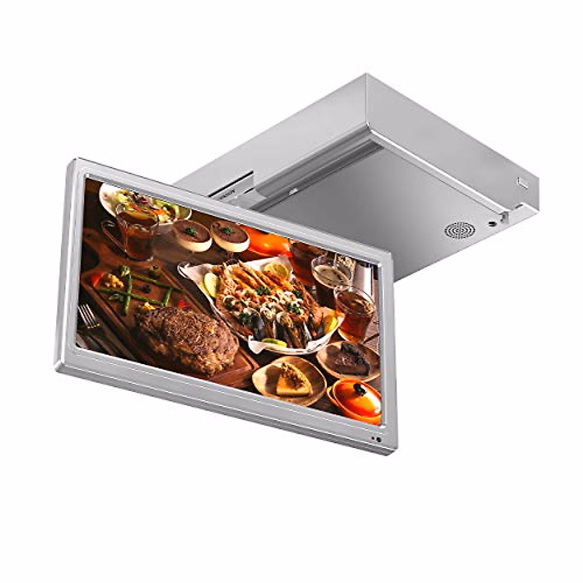 KUVASION 15.6 Inches Flip Down Kitchen TV, Under Cabinet Kitchen TV, FHD Screen, Glossy Silver Grey, Built-in ATSC+NTSC Tuner, HDMIx2, USB