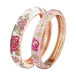 UJOY Fashion Cloisonne Bracelets Set Gold Plated Enameled Jewelry Spring Hinged Metal Cuff Bangles Gift Box Packed 55A106-55A113 white rose