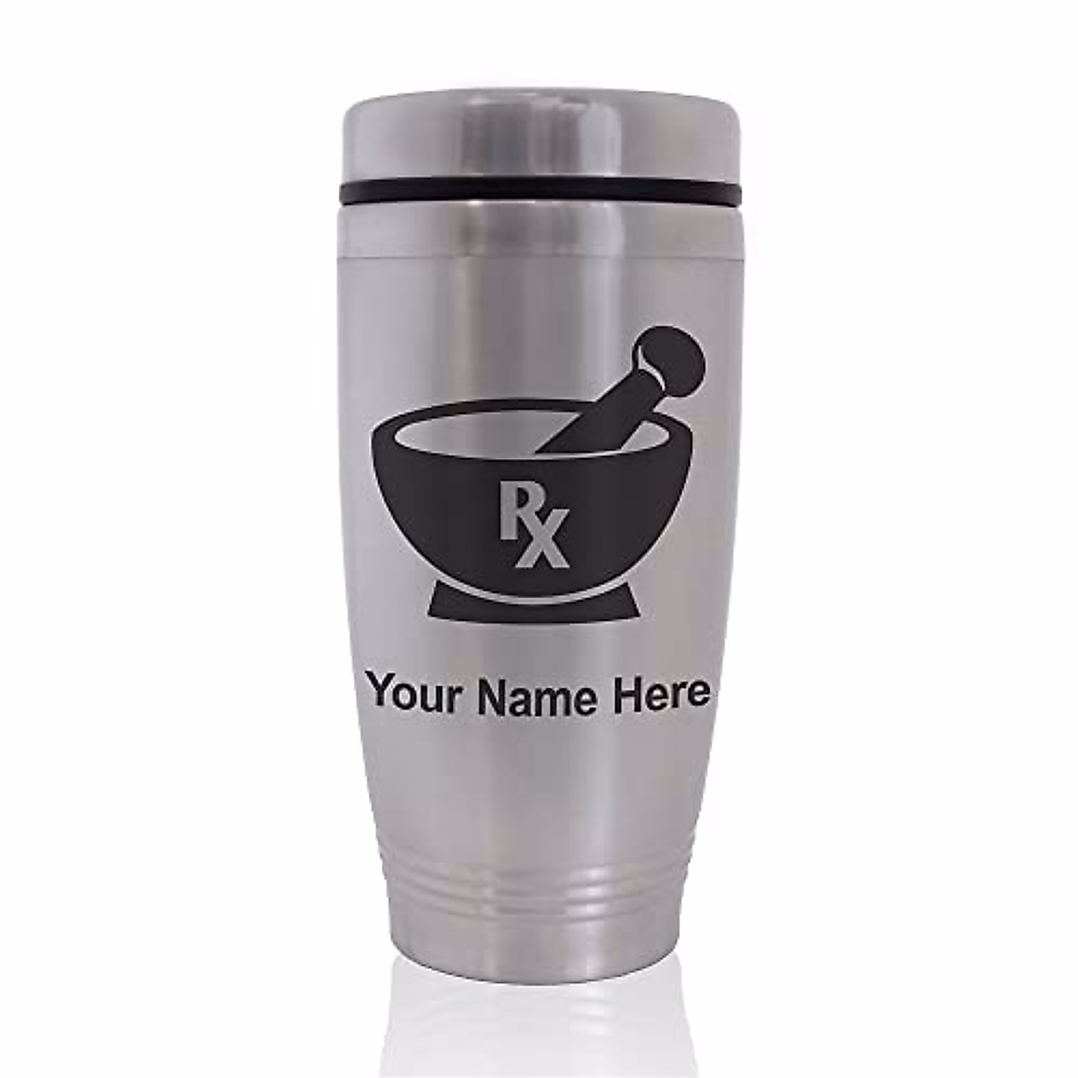 SkunkWerkz Commuter Travel Mug, Rx Pharmacy Symbol, Personalized Engraving Included
