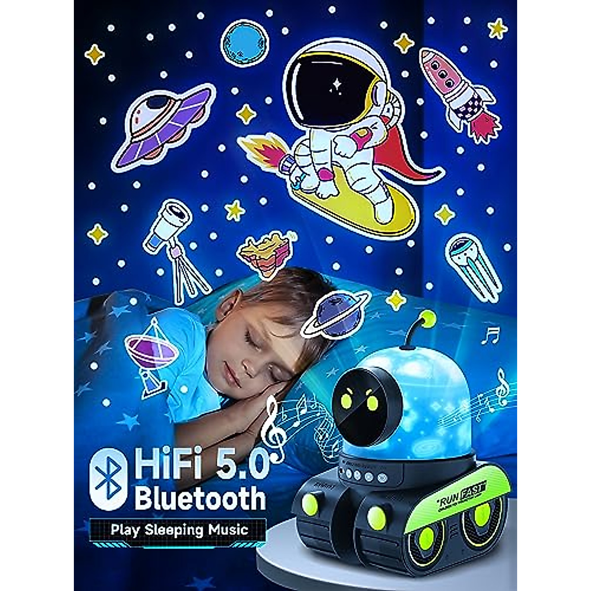 PIKOY Robot Night Light for Kids【12 Films】 Kids Night Light Projector,Bluetooth Music Baby Night Lights for Kids Room, 360° Rotation Rechargable Planets Star Projector Planetarium Projector Lamp
