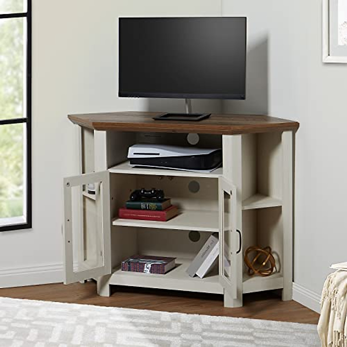 AMERLIFE Corner TV Stand for TV's up to 48", 44 Inch Modern Farmhouse Wood Entertainment Center, TV Console with Double Doors and Storage Cabinets for Living Room, Distressed White