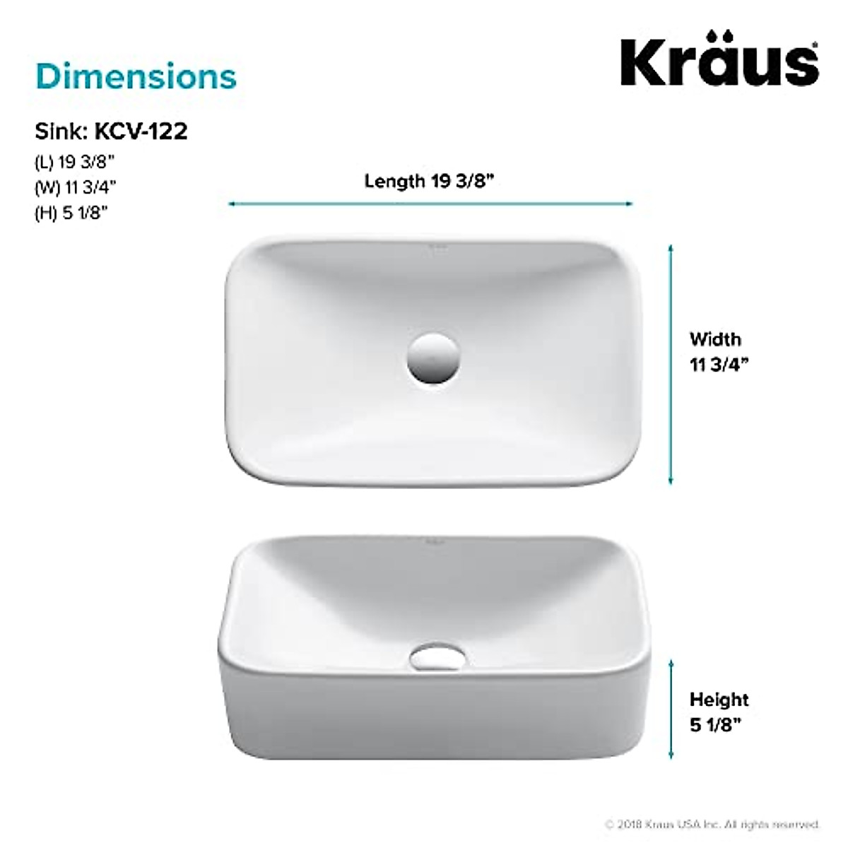 Kraus KCV-122 Ceramic Above counter Rectangular Bathroom Sink, 19.44 x 11.84 x 5 inches, White