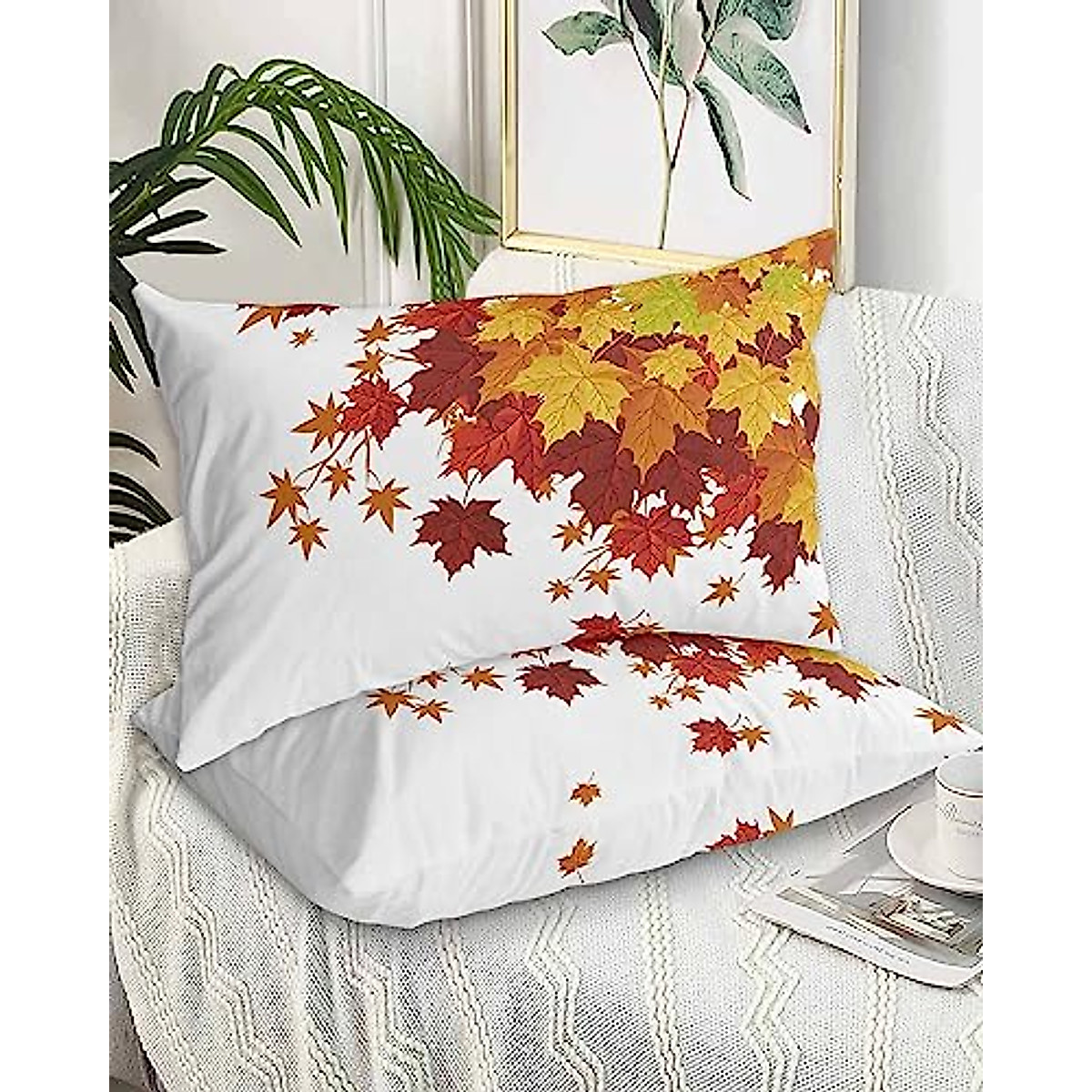 Edwiinsa Fallen Leaf Pillow Covers Standard Size Set of 2 Bed Pillow, Rustic Autumn Orange Ombre Maple Leaves Plush Soft Comfort for Hair/Skin Cooling Pillowcases with Envelop Closure 20''x26''