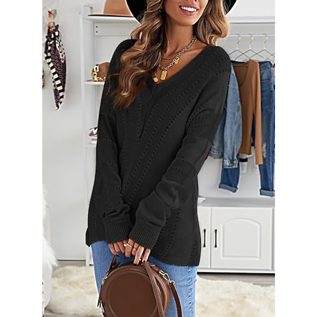 EVALESS Women's Cute Long Sleeve Striped Sweaters Fall V Neck Sweater Tops 2023 Color Block Loose Knitted Pullover Sweaters Black Small