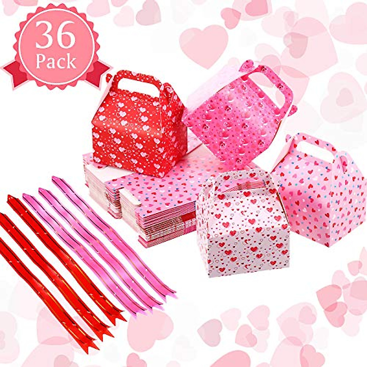 36 Pieces Mini Valentines Day Treat Boxes, Sweet Red and Pink Cardboard Paper Box Heart Printed Candy Boxes for Goody Cookie Holder with 40 Pieces Wrapping Bow Ties for Valentine's Day Party Supplies