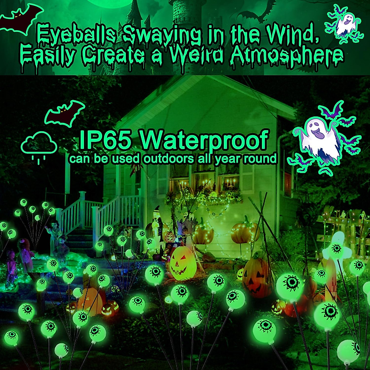 Ruhapu Halloween Decorations Outdoor Solar Scary Eyeball Lights,2PACKS 12/16LED Green Eyeball Swaying Firefly Lights,Waterproof Solar Halloween Path Lights for Yard/Garden/Lawn/Party Decor (Green)