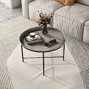 Yusong Coffee Table, Boho-Chic Hammered Metal Tray Coffee Table, Mahdavi Round Coffee Tea Table, Living Room Tables for Storage and Display, Brushed Silver