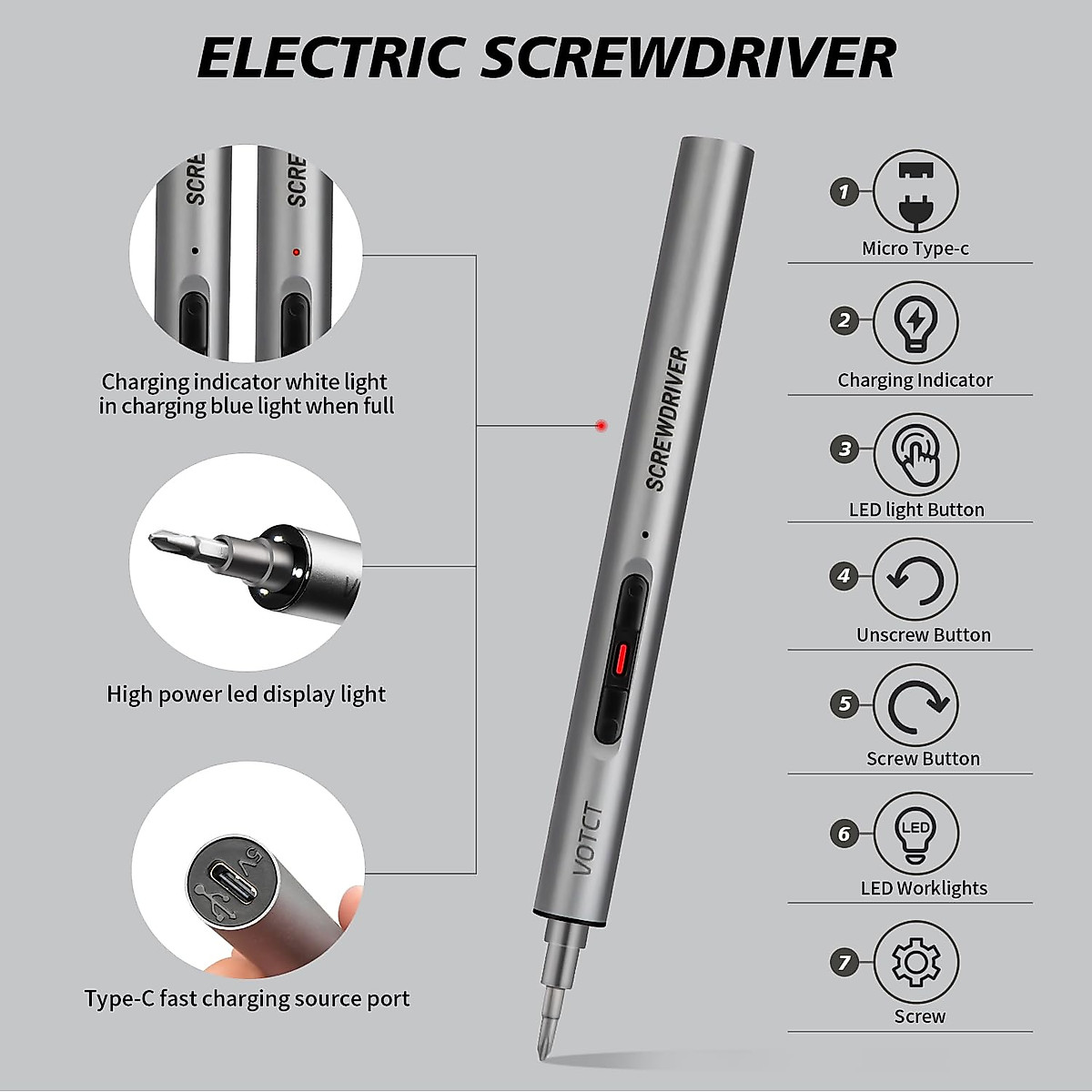 VOTCT Mini Electric Screwdriver 60 in 1 Electric Precision Screwdriver Set with 55 Bits USB Rechargeable Magnetic Repair Tool Kit with LED Lights for Phones Computer Watch Laptop Jewelry Drone